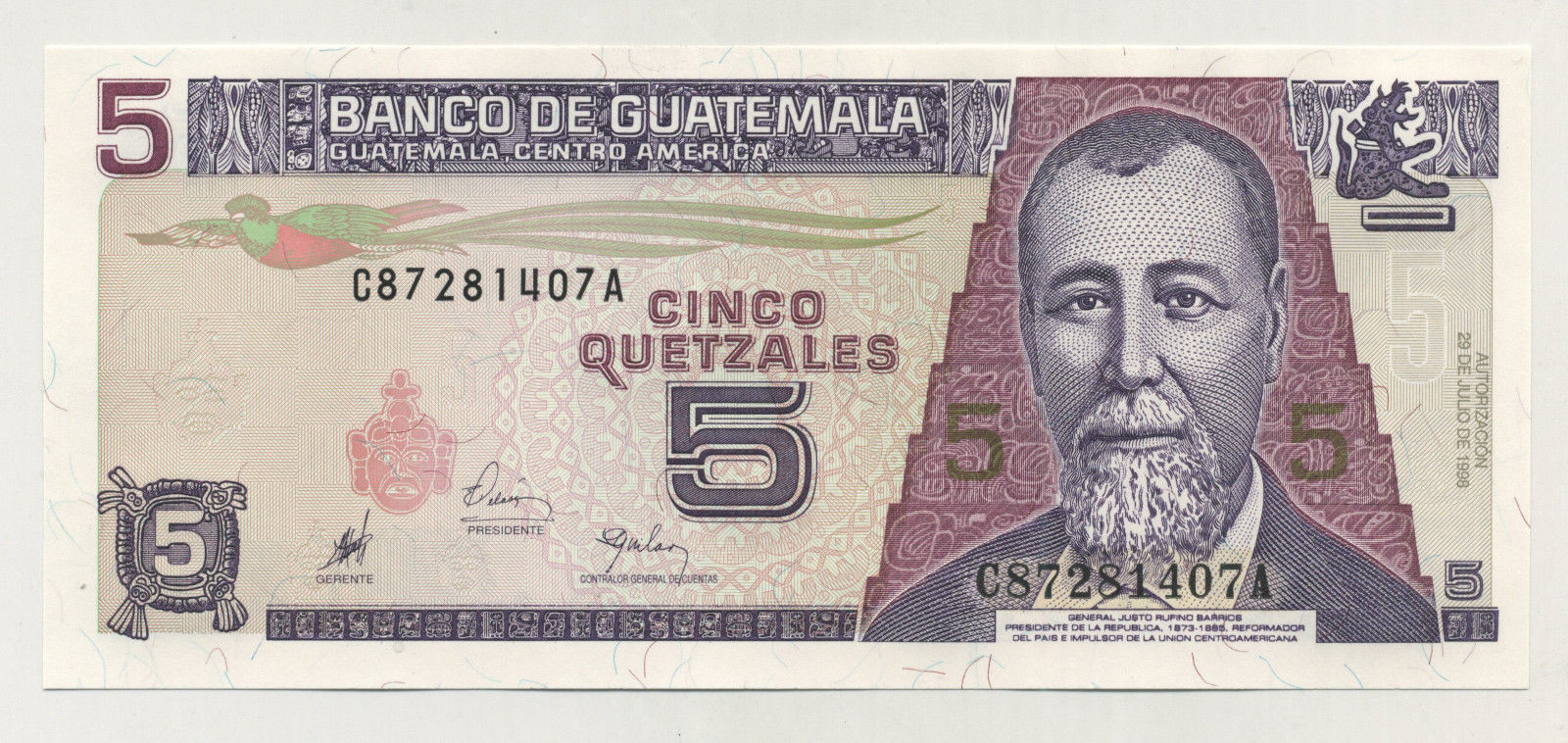 Guatemala 5 Quetzales 29-7-1998 Pick 100 UNC Uncirculated Banknote ...