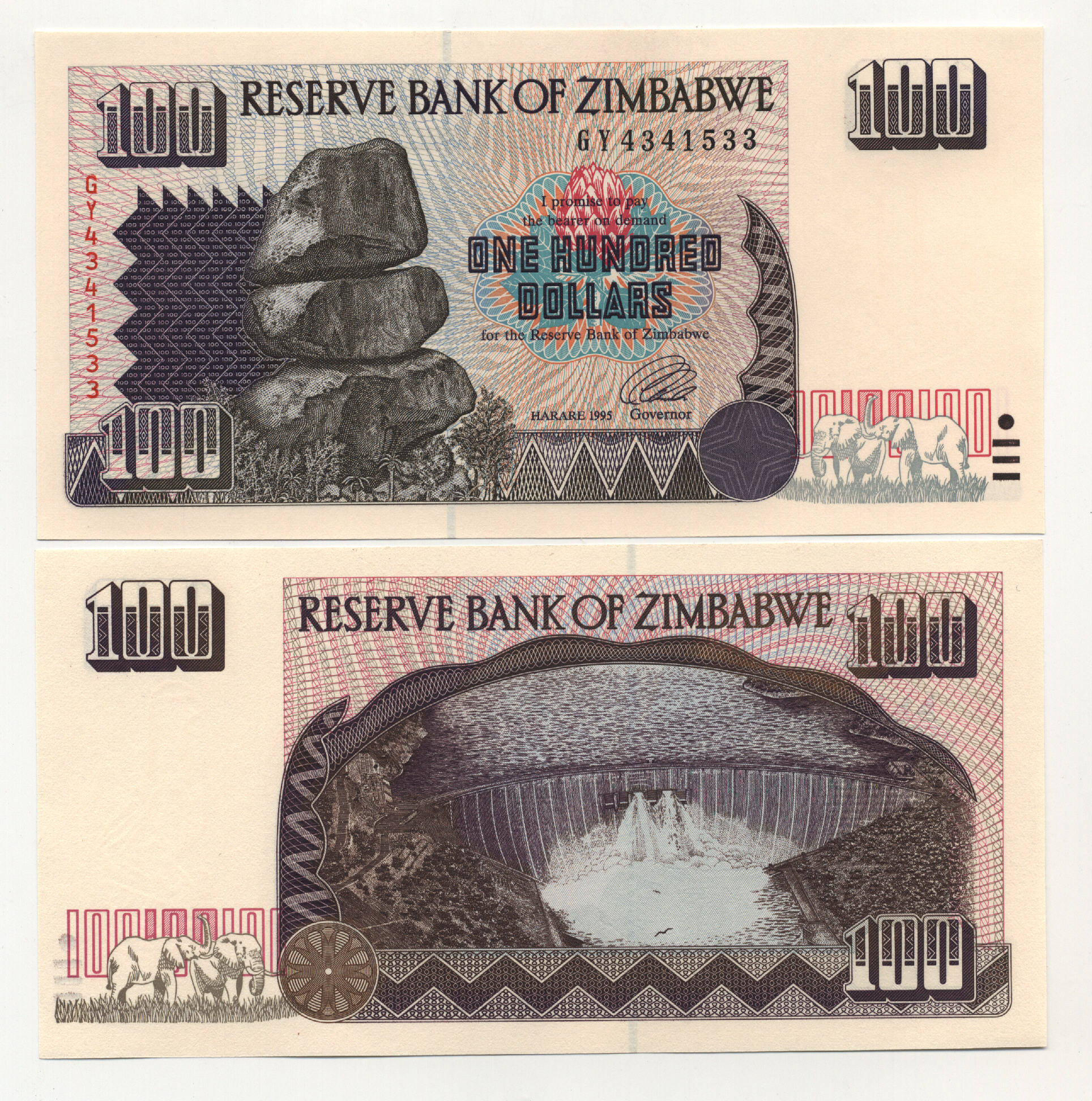 Zimbabwe 100 Dollars 1995 Pick 9 UNC Uncirculated Banknote ...
